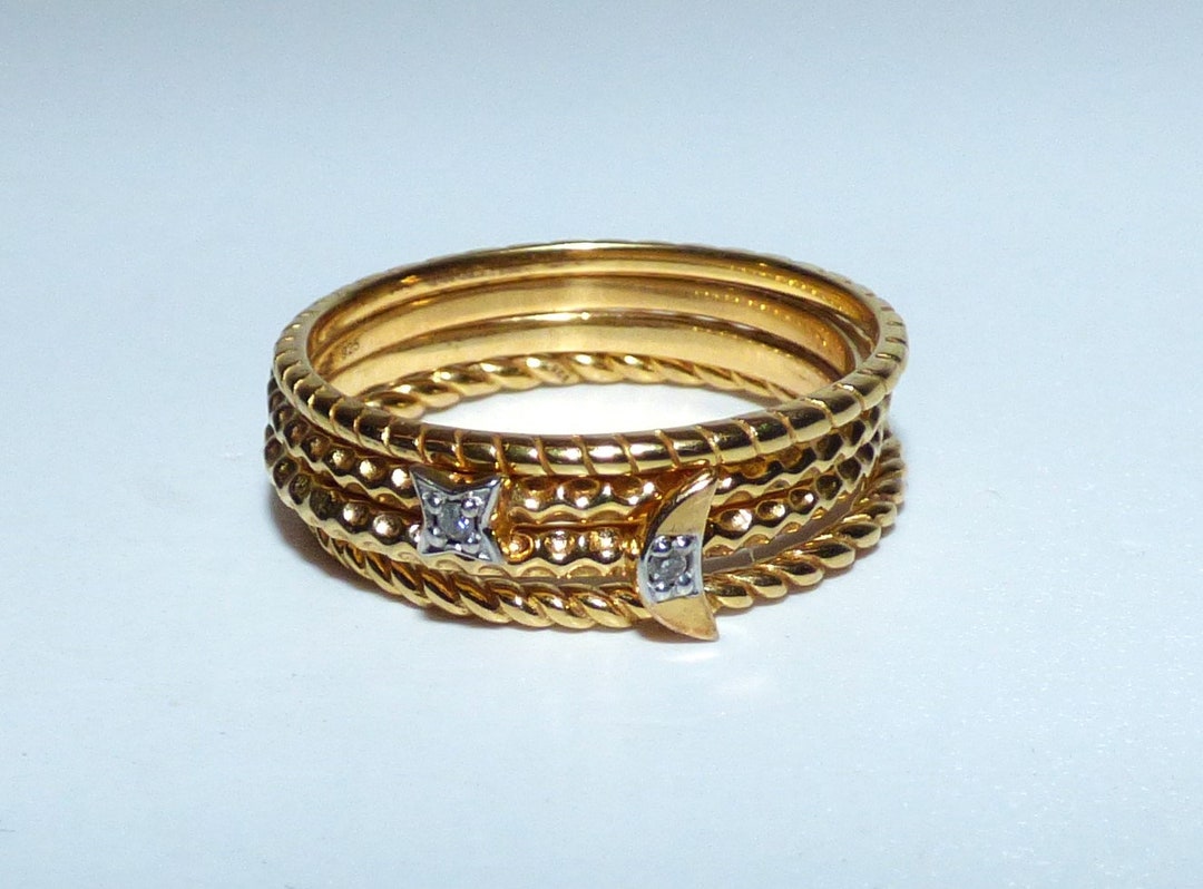 Vintage Silver Gilt & Diamond Star and Moon Stacking Rings X 4 Celestial Ring Stack Super Cute ...