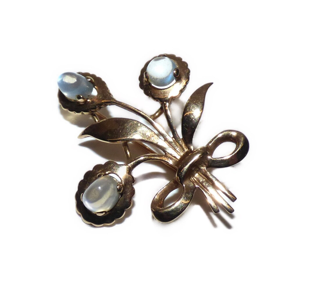 Vintage 9ct Gold Sugarloaf Moonstone Flower Bouquet Brooch Pin Glowing ...