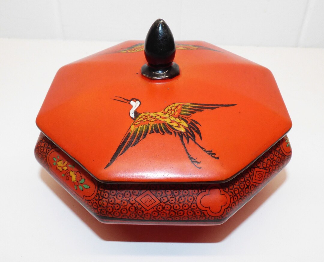 Vintage Art Deco 1930's Shelley Powder Pot Orange Glazed Chinese Crane ...