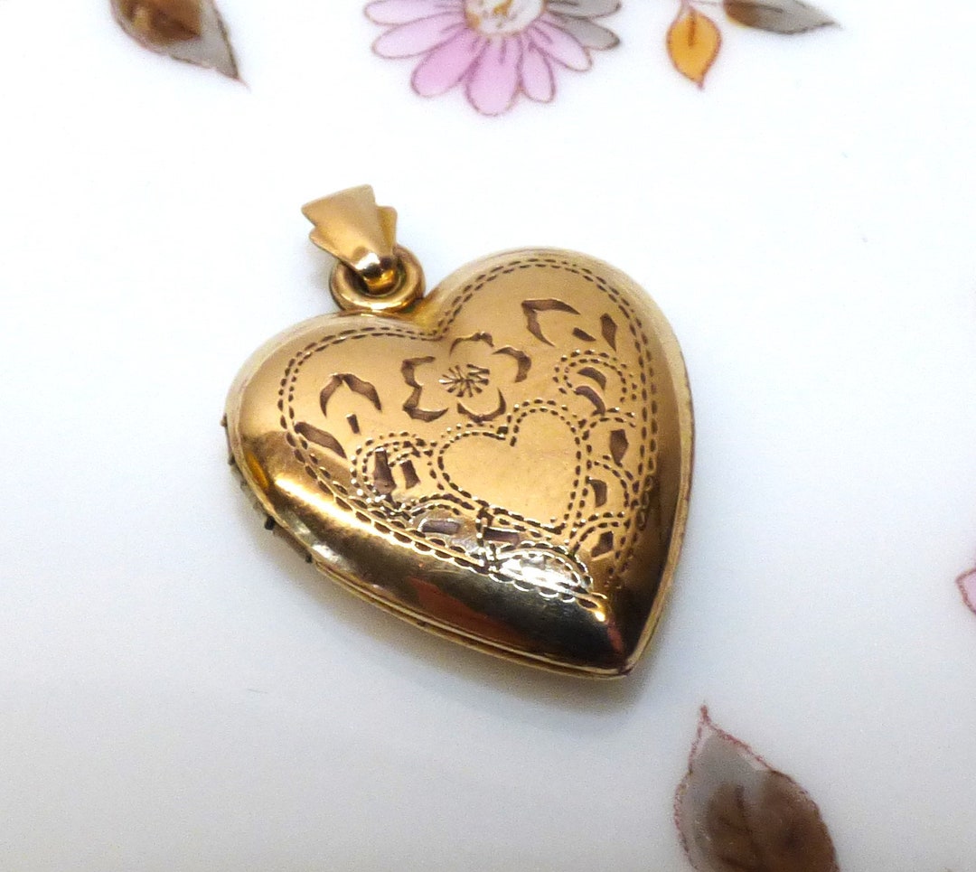 Antique Art Deco Chased Heart Photograph Locket 10ct Gold Filled Signed ...