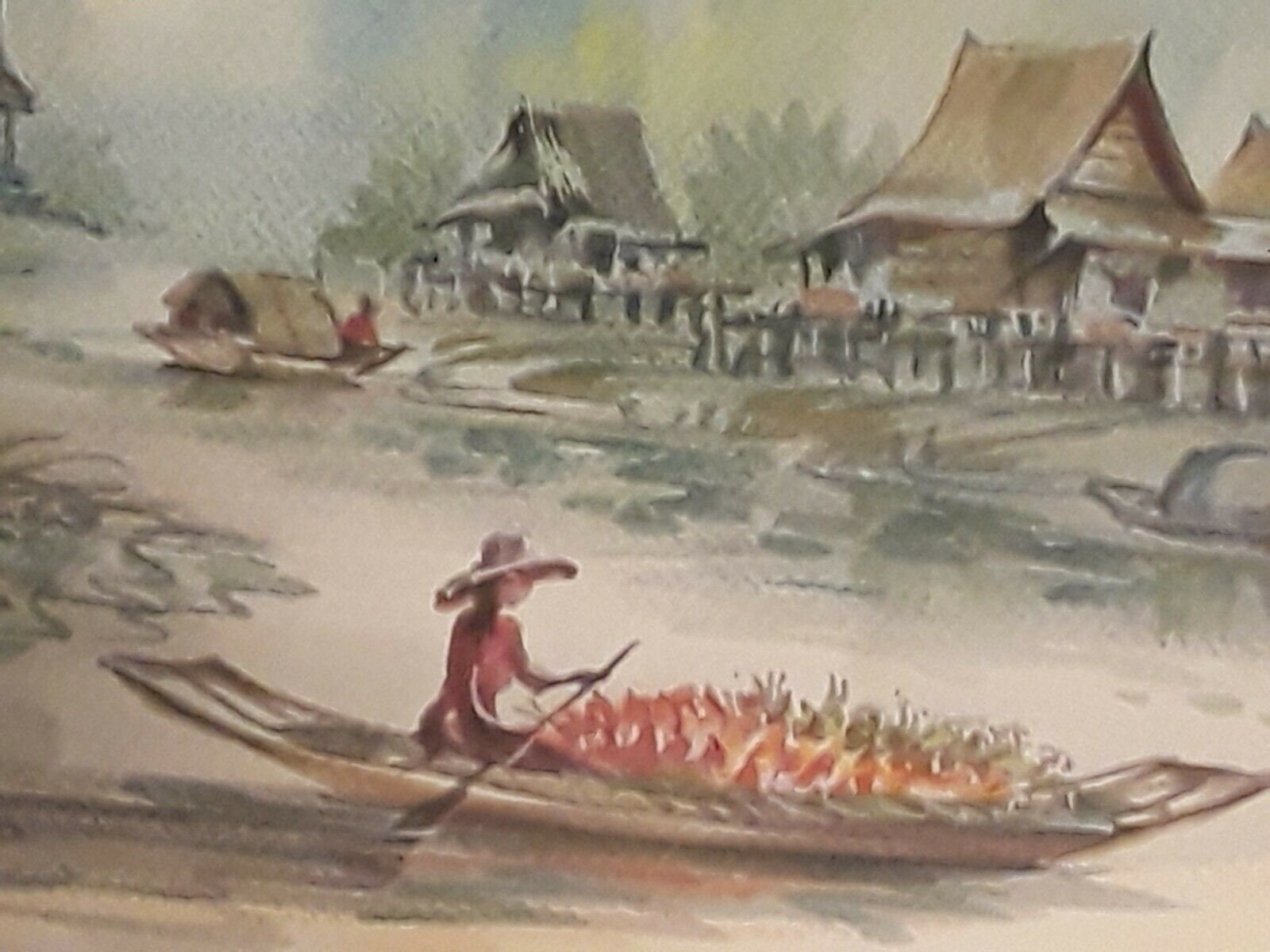Vietnamese Watercolor Painting Fishing Boat Village Canal Scene Signed ...