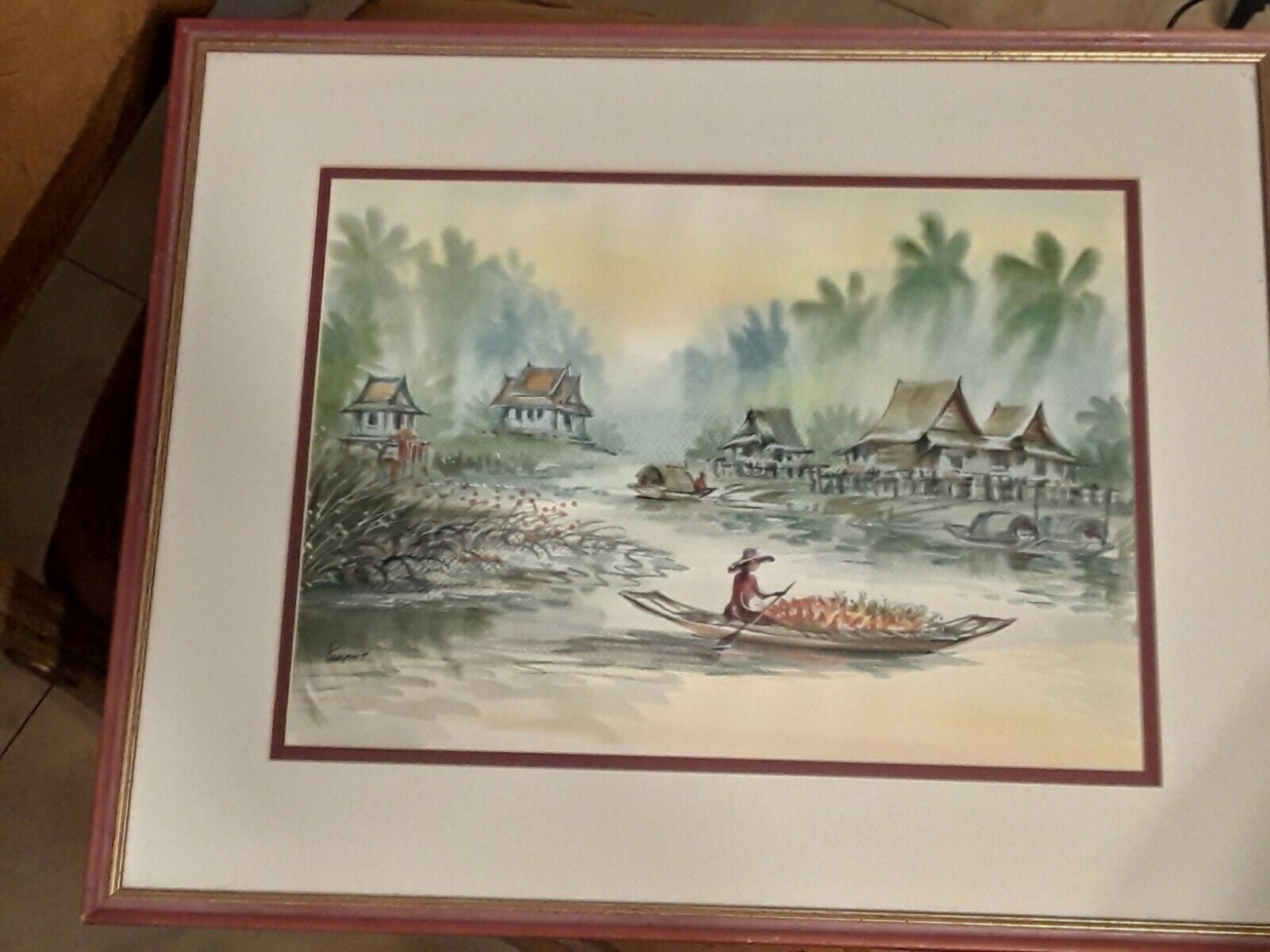 Vietnamese Watercolor Painting Fishing Boat Village Canal Scene Signed ...