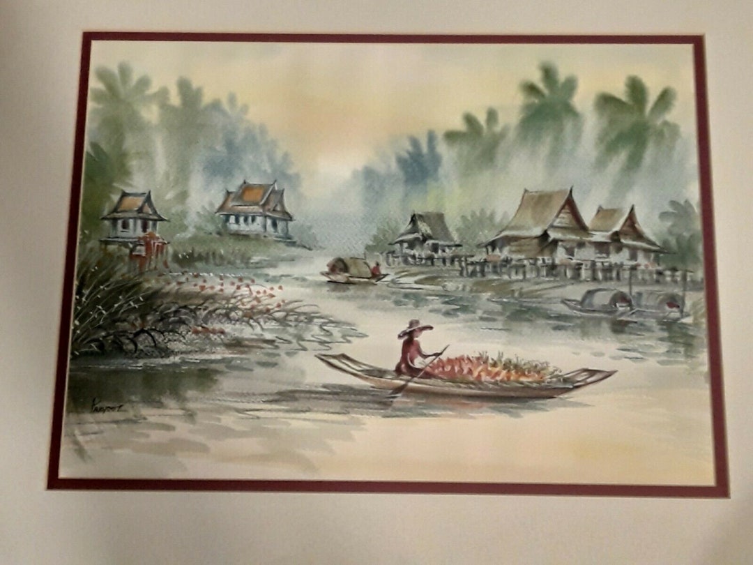 Vietnamese Watercolor Painting Fishing Boat Village Canal Scene Signed ...