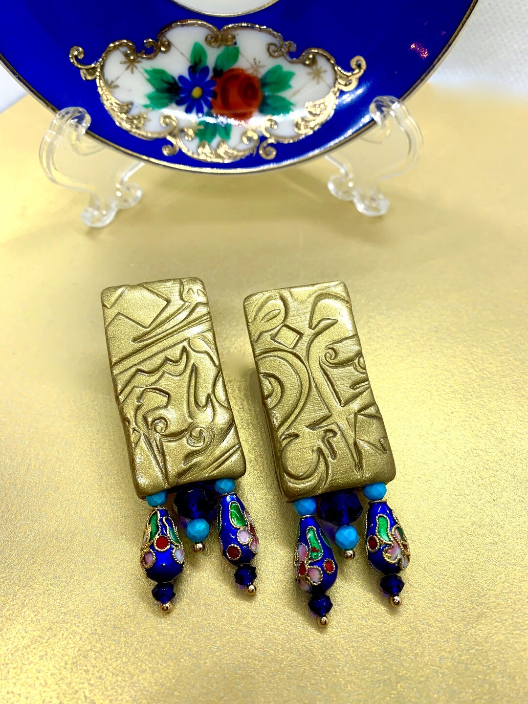 Persian Calligraphy Dangle Earrings, Blue Cloisonne Beads, Handmade ...
