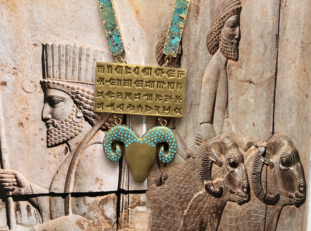 Handmade Cuneiform Necklace, Turquoise Ram, Ancient Persian Style - Etsy