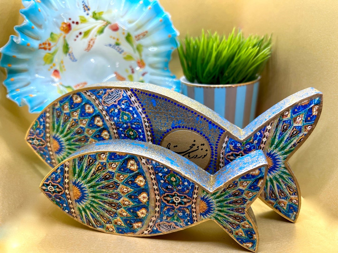 Persian Norouz Haftsin Fish Set of 2, Decoupaged Wooden Fish for ...