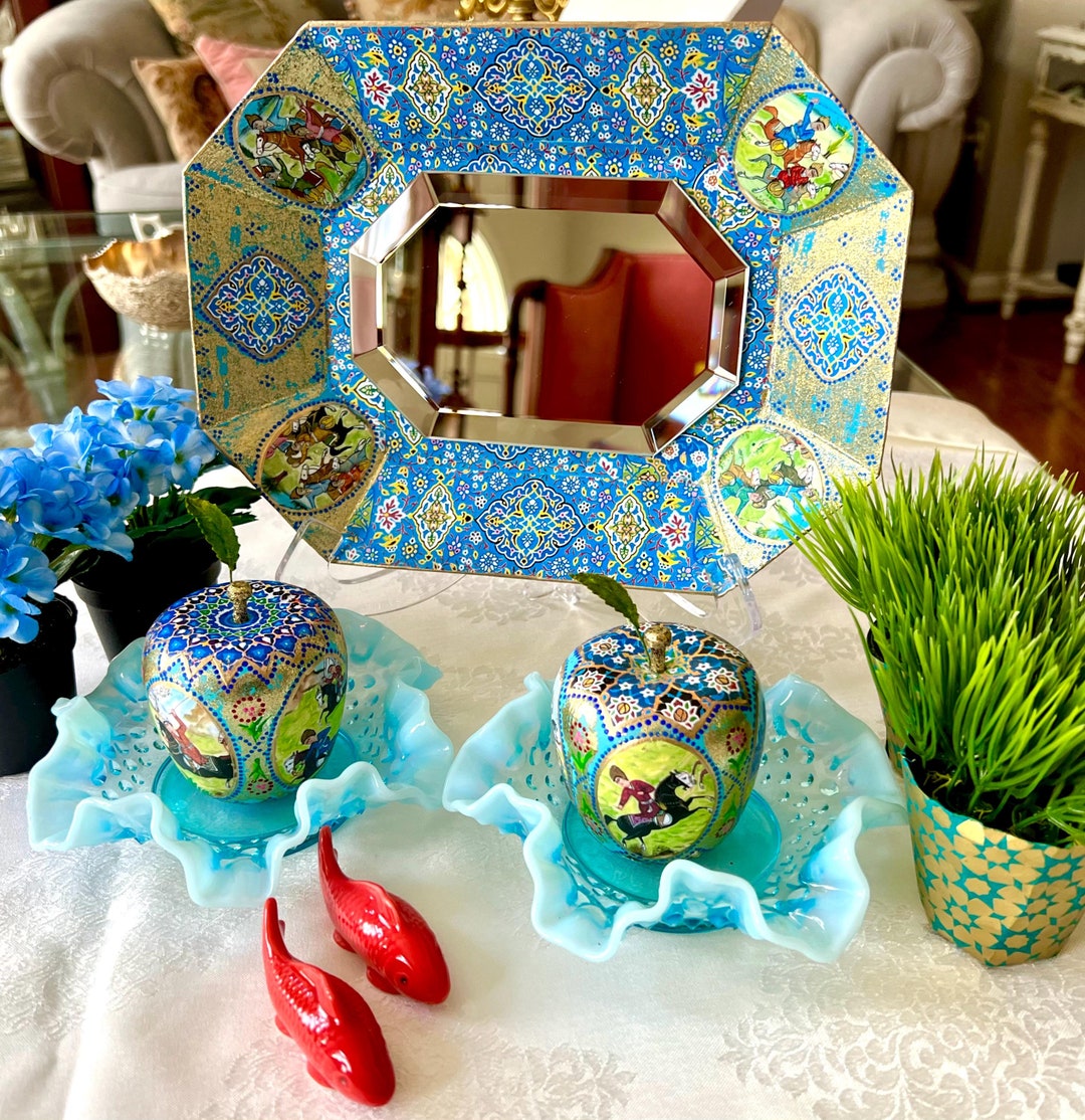 Persian Mirror for Haftseen, Persian Miniature Images Decoupaged on ...