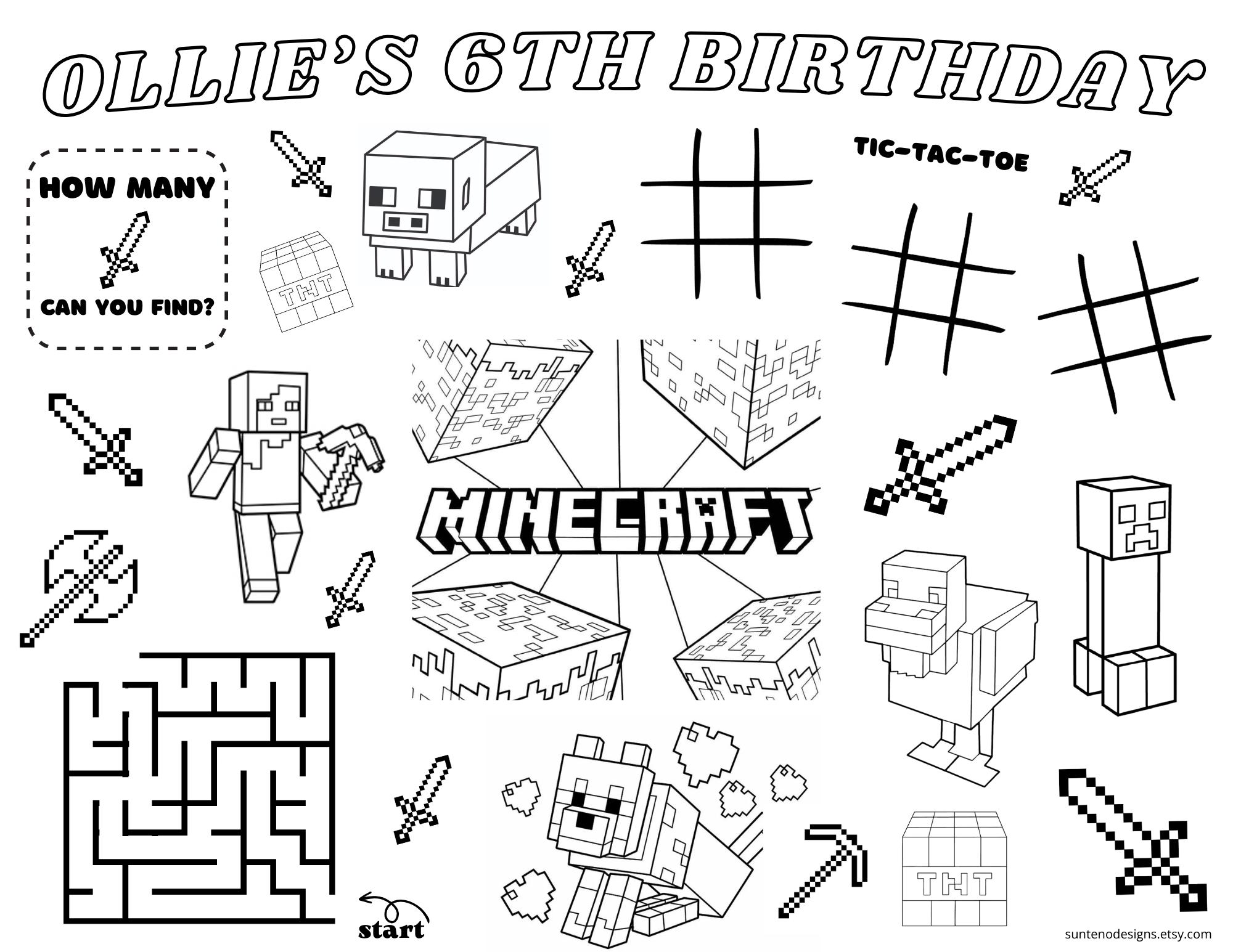 Personalized Kids Birthday Coloring Page Minecraft Inspired - Etsy