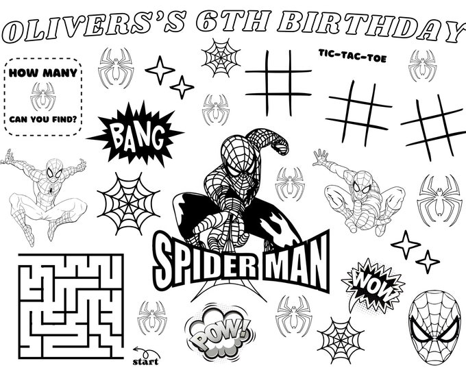 Spiderman Coloring Activity Sheet Placemat Kids Birthday Party - Etsy ...