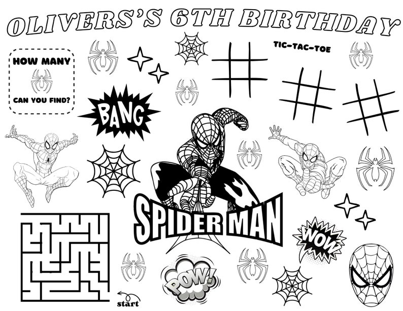 Personalized Kid's Birthday Coloring and Activity Page Spiderman Theme ...