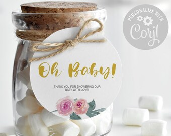 Round Oh Baby Thank You Shower Favor Tag Circle Round Label | Etsy