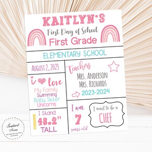 Pink Rainbow Back to School Kids Printable Girls Sign First Day of ...