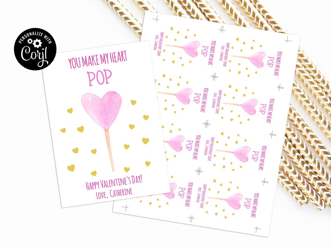 You Make My Heart Pop Valentine Tag, Editable Name, Lollipop Valentines ...