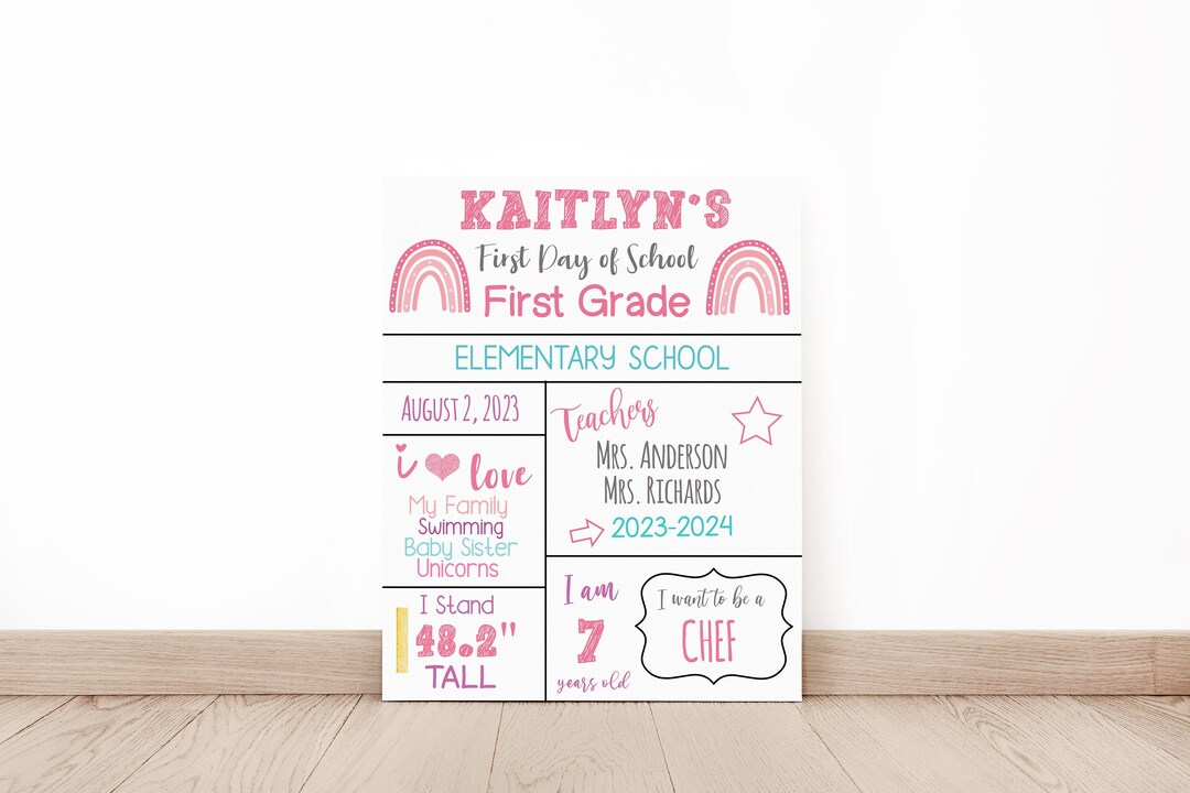Pink Rainbow Back to School Kids Printable Girls Sign First Day of ...