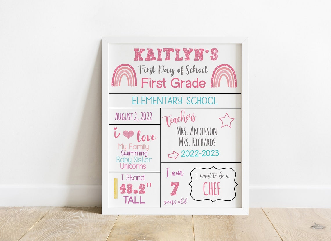 Pink Rainbow Back to School Kids Printable Girls Sign First - Etsy