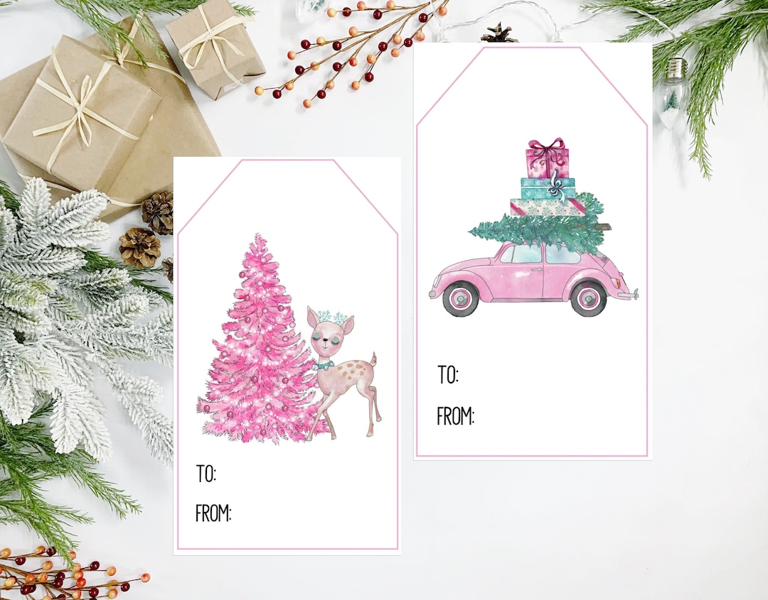 Printable Christmas Pink Car Pink Tree Holiday Gift Tags XMAS INSTANT ...