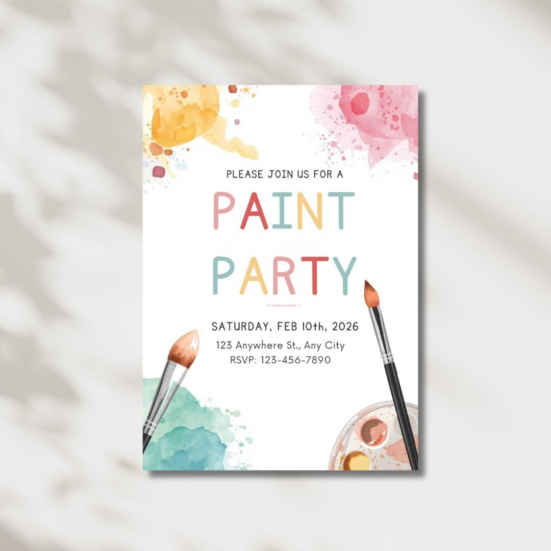 Paint Party Invitation Kids, Art Birthday Invite Girl, Watercolor ...