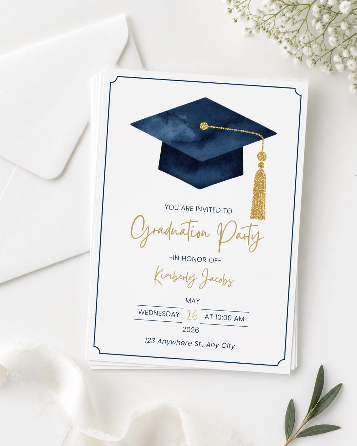 Graduation Invitation: Watercolor Cap and Gold Tassel (customizable ...