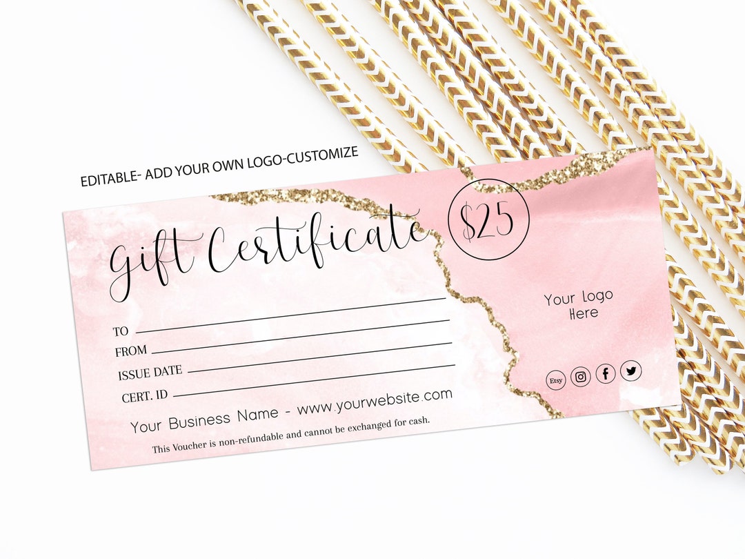 Pink Rose Gold Gift Card Template (editable, Printable Digital File) - Etsy