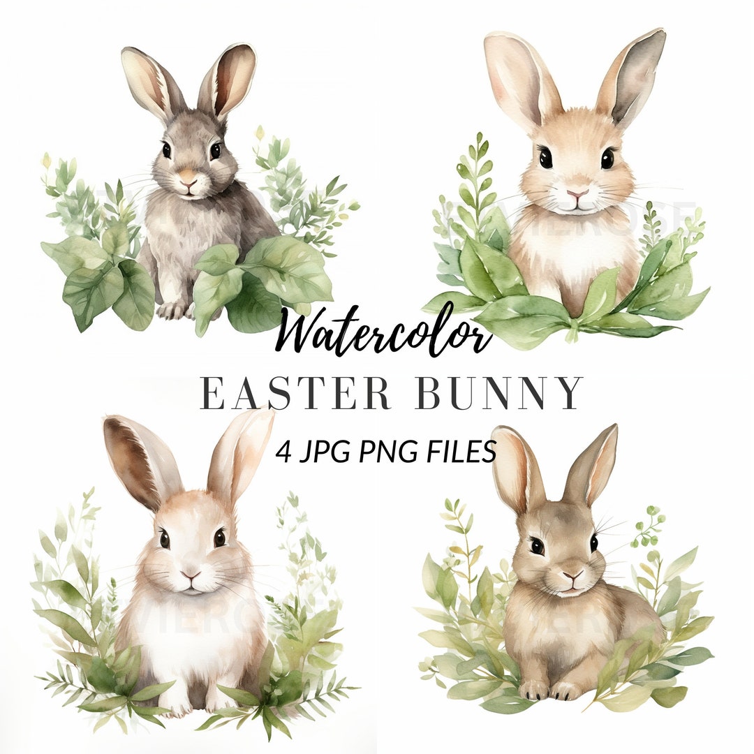 Easter Bunny Greenery Watercolor Clipart Set - 4 Watercolor Bunny Graphics, JPG & PNG Instant ...