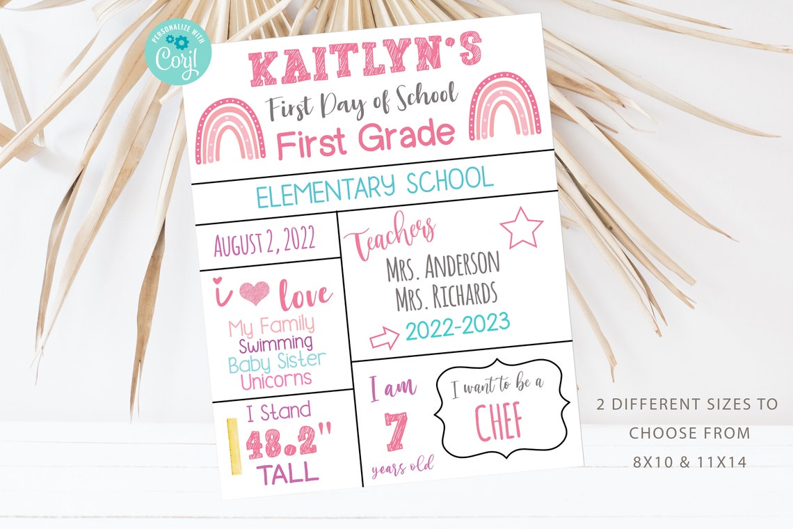 Pink Rainbow Back to School Kids Printable Girls Sign First - Etsy