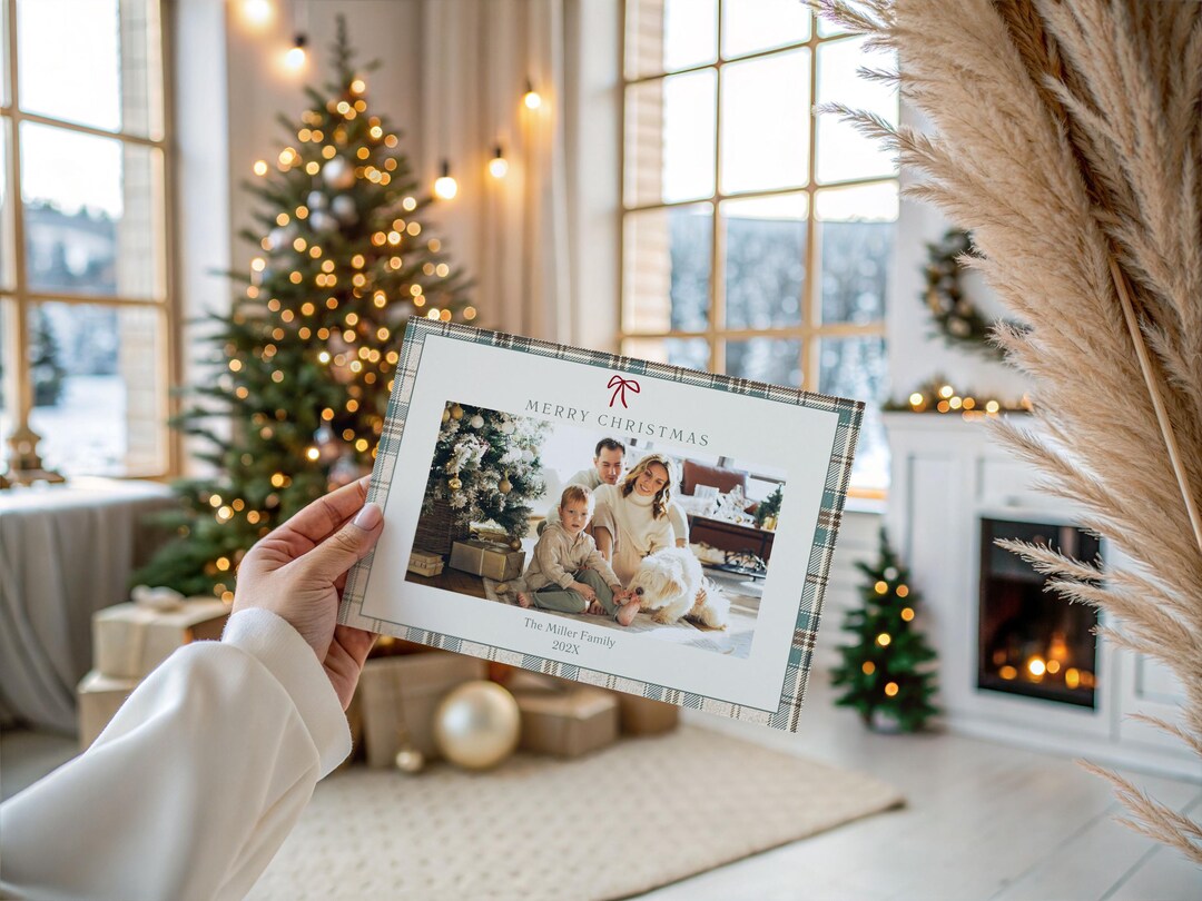Holiday Photo Card: Cozy Plaid Bow Frame - Editable 5x7 Template - Etsy