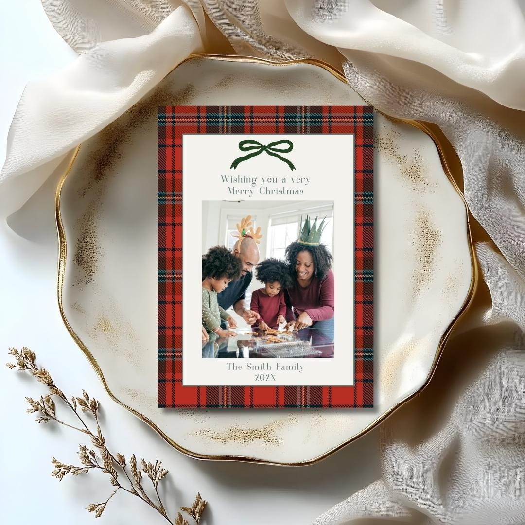 Christmas Photo Card: Cozy Red Green Plaid - Editable Template - Etsy