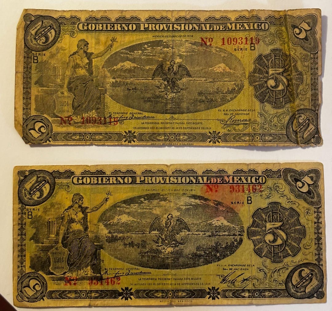 1914 Mexico 5 Pesos Bank Notes – Revolutionary Gobierno Provisional ...