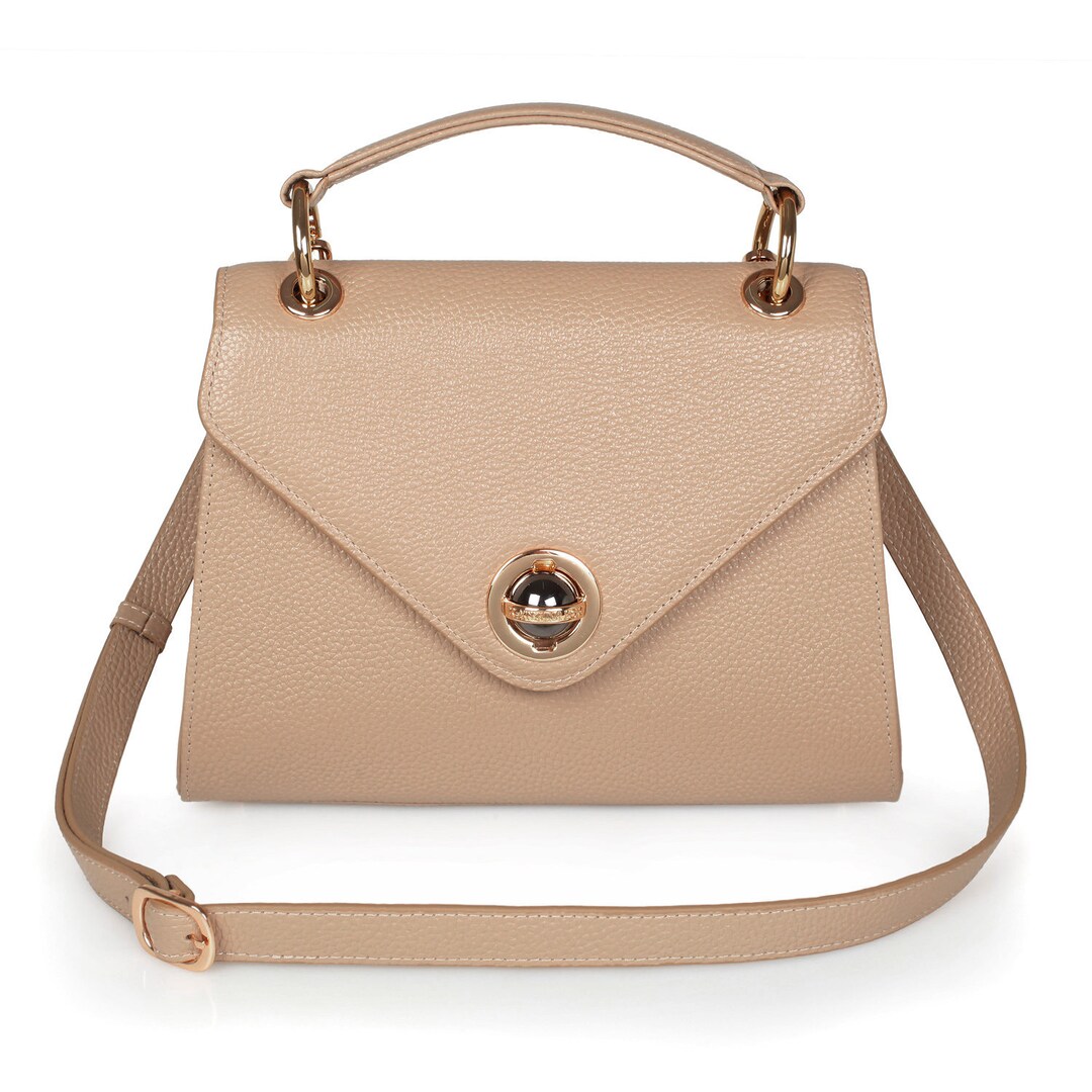Leather Top Handle Bag, Beige Leather Handbag Top Handle, Women's ...