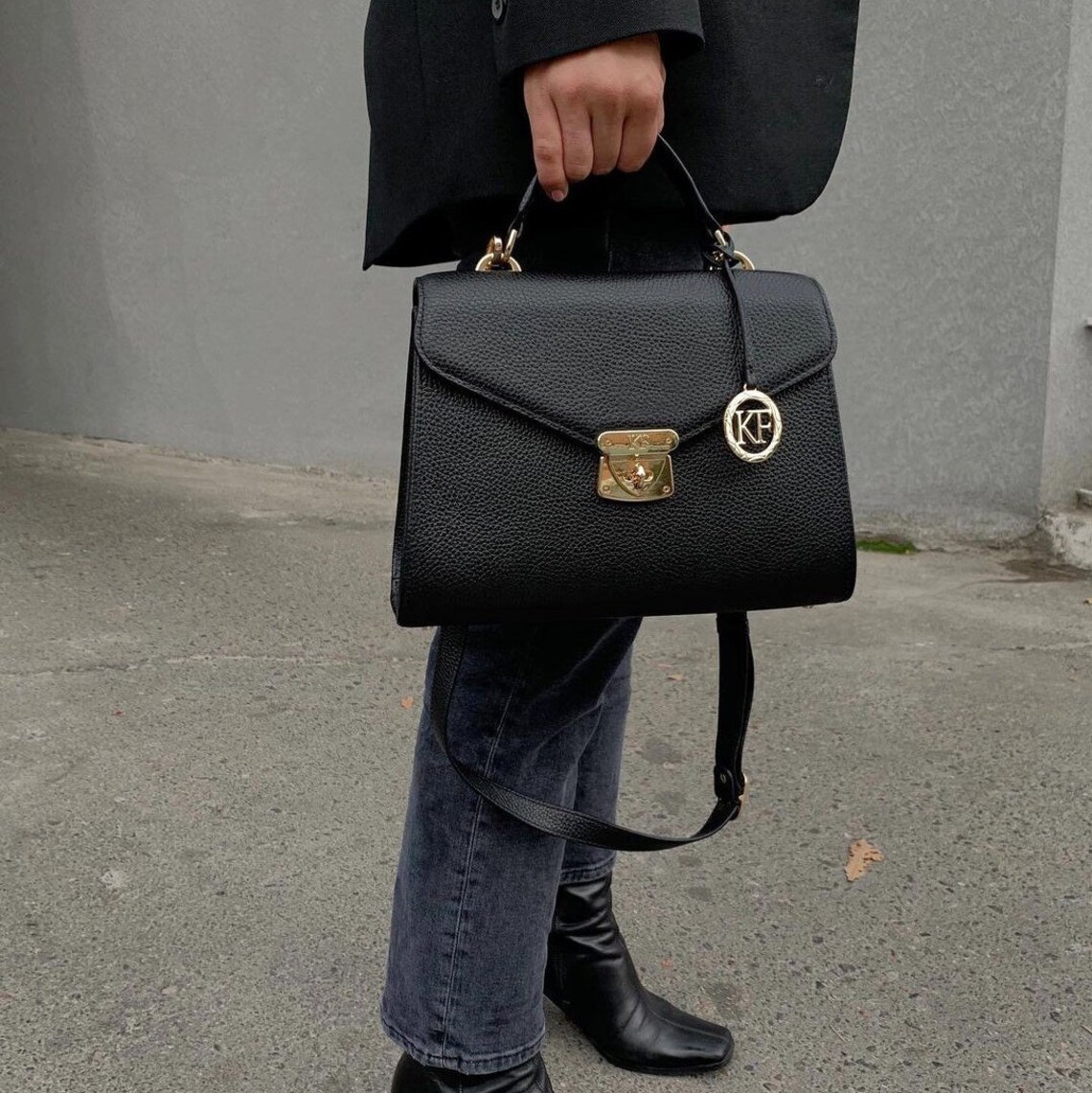 Leather Top Handle Bag Black Leather Handbag Top Handle | Etsy