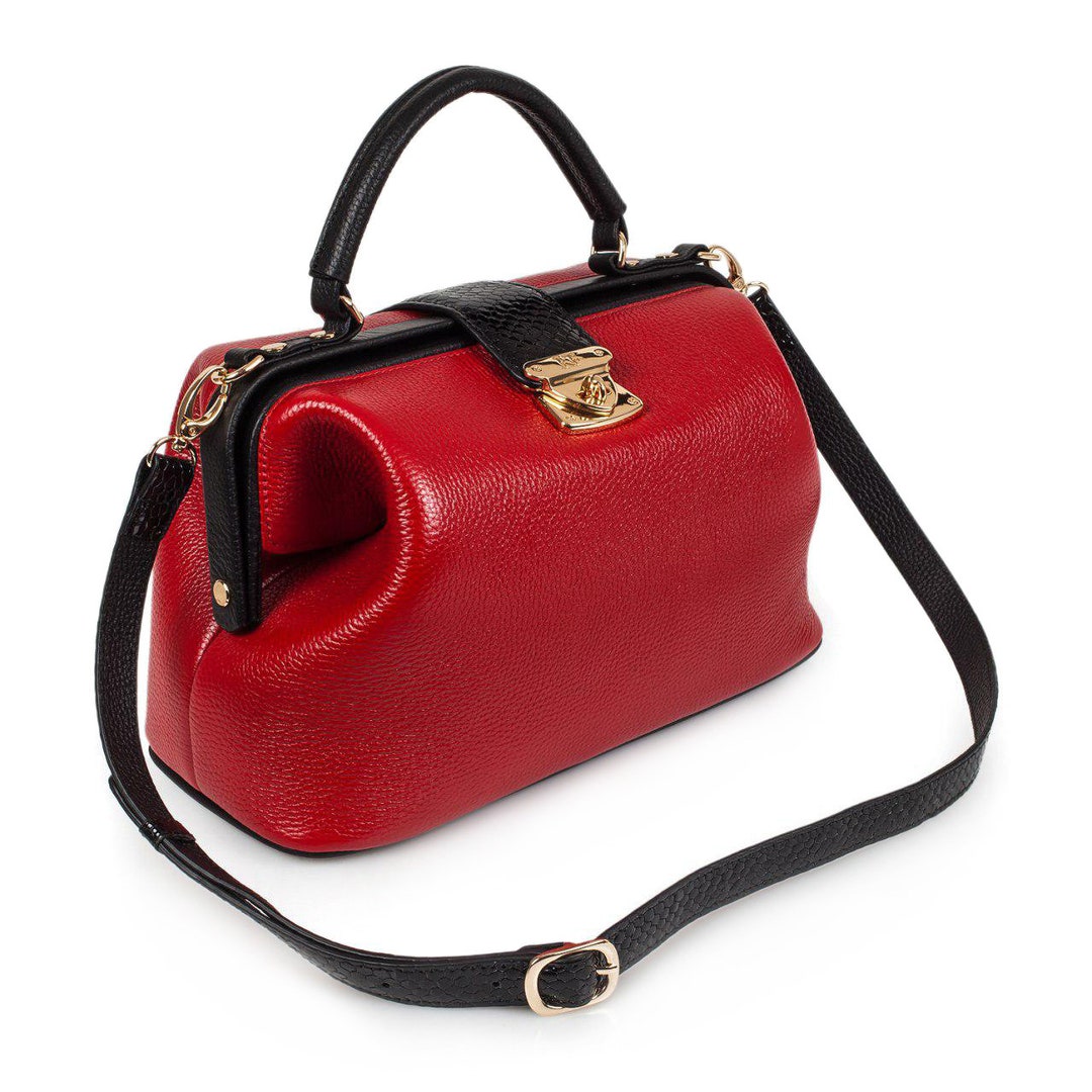 Leather Doctor Bag for Women, Red Leather Handbag Top Handle, Women's ...