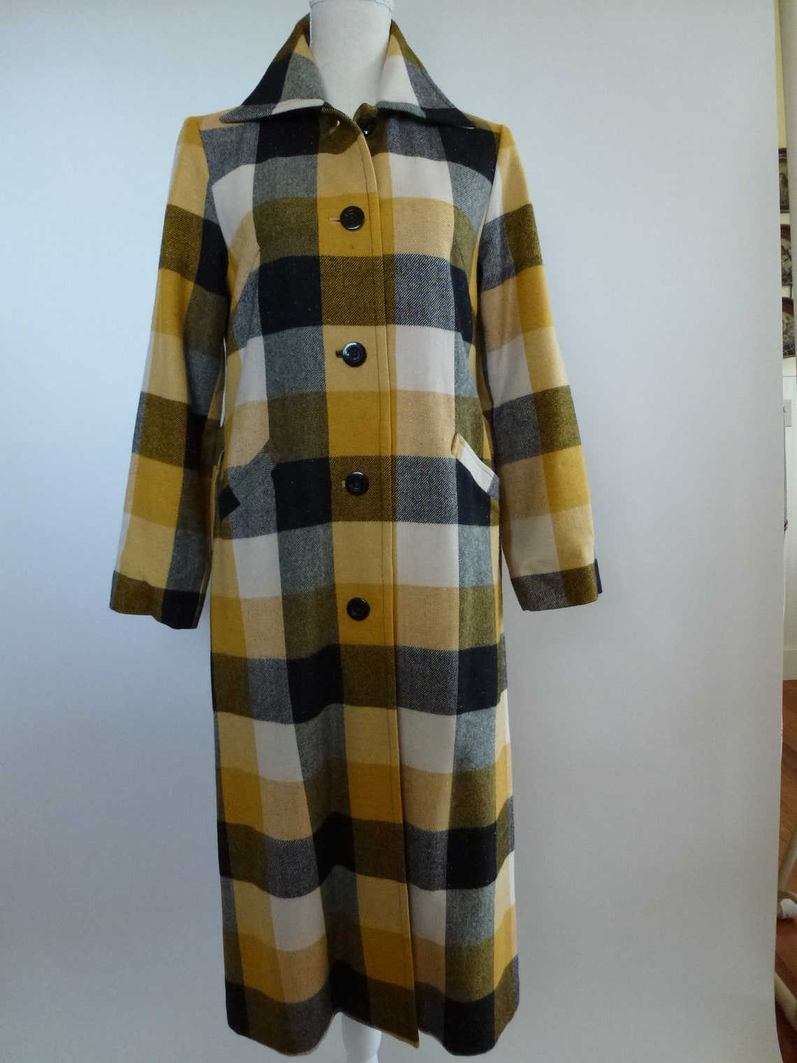 1950's - 60's Vintage Plaid Trench Coat, Buffalo Plaid Bold Marigold ...