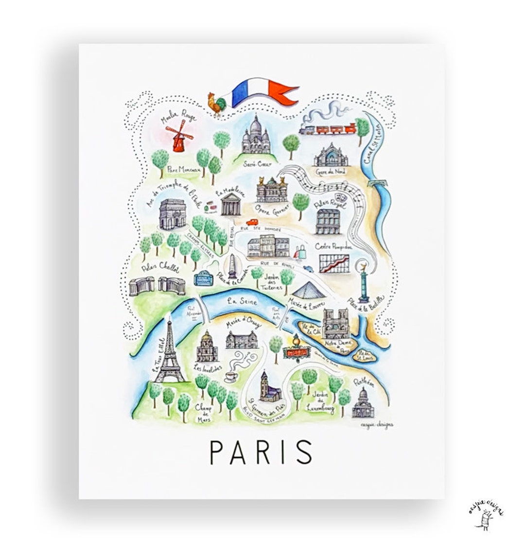 Paris City Map Art Print - Watercolor - Etsy