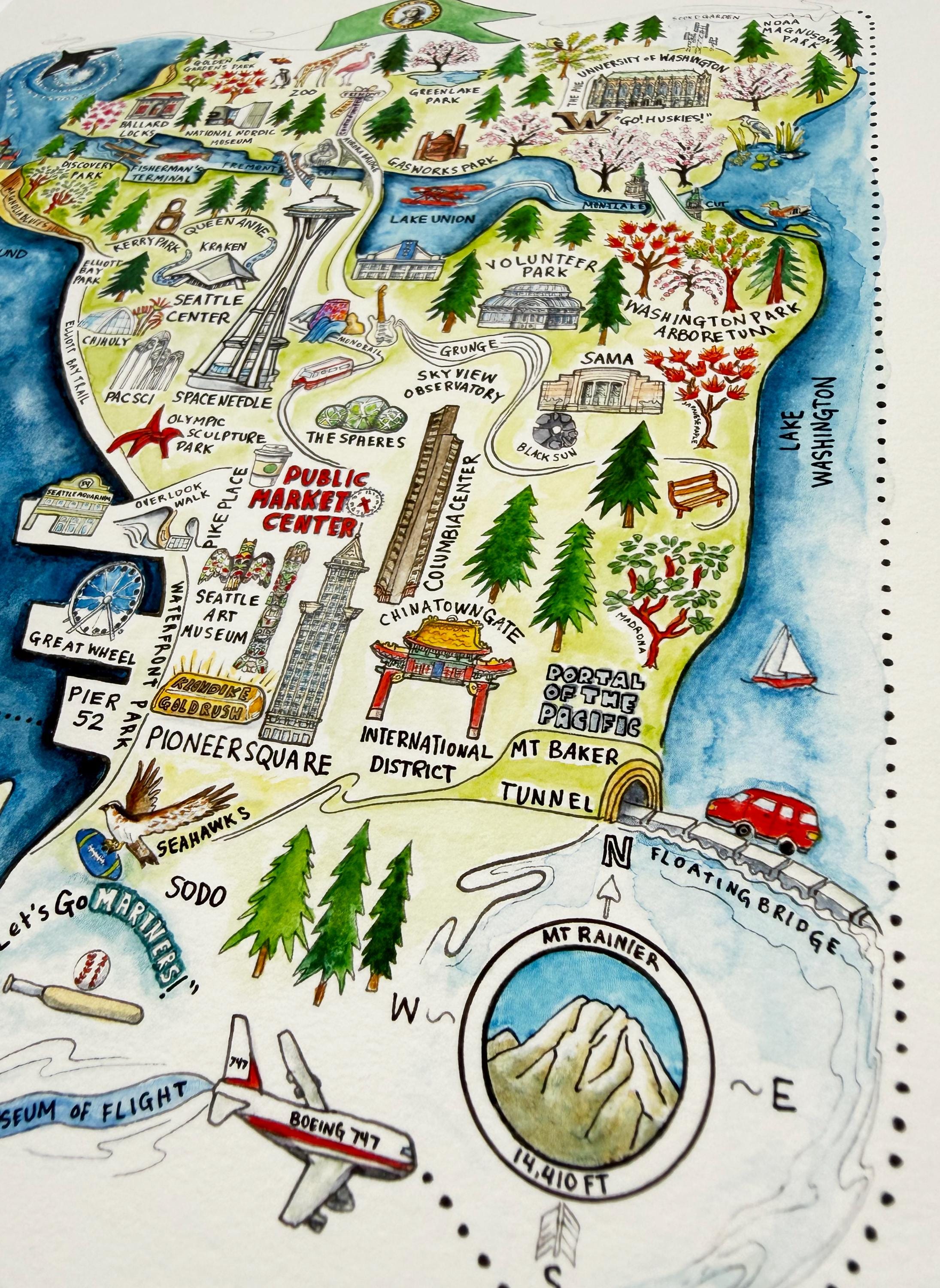 Seattle City Map Art Print - Watercolor - Etsy