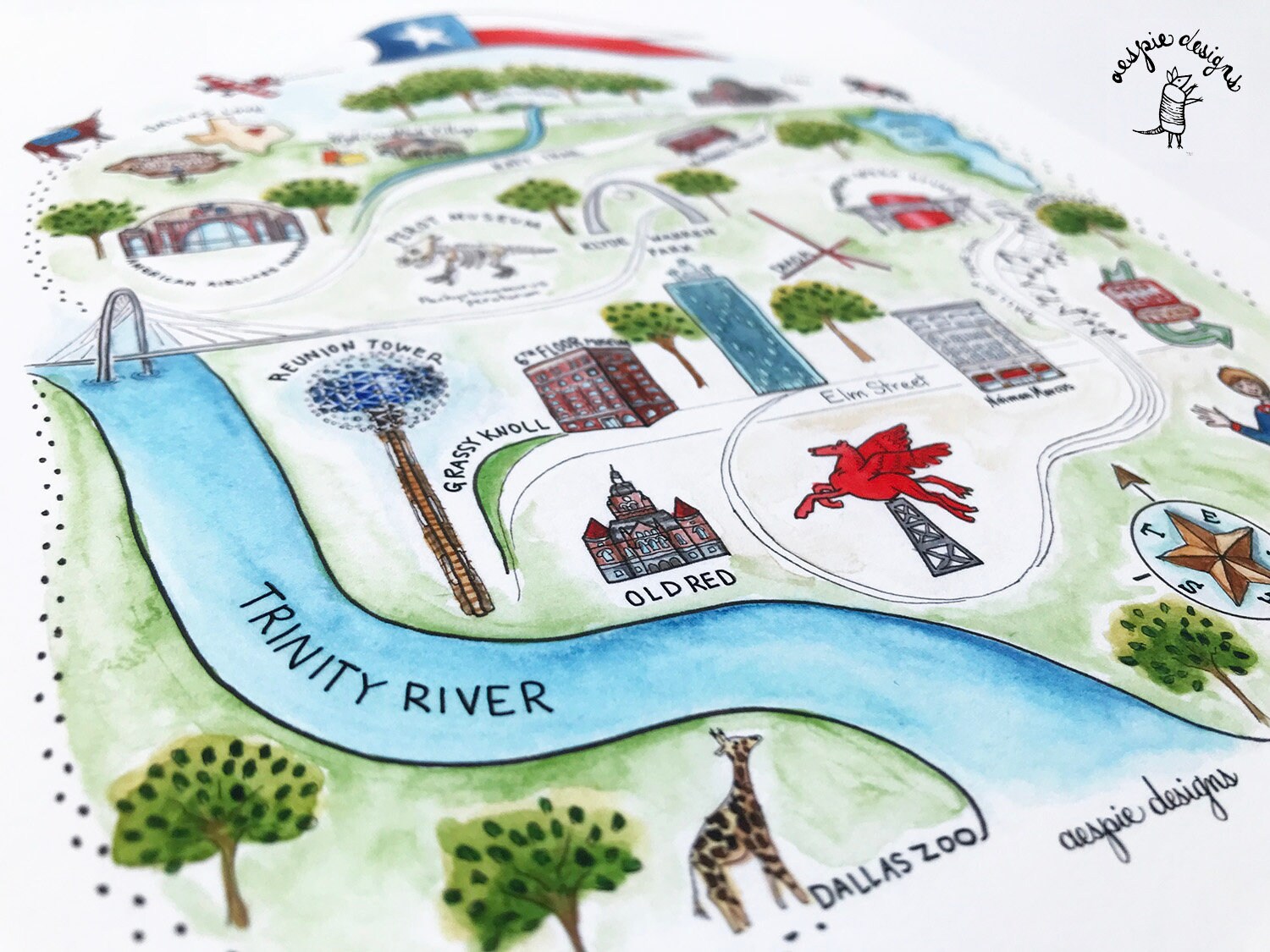 Dallas City Map Art Print Watercolor - Etsy