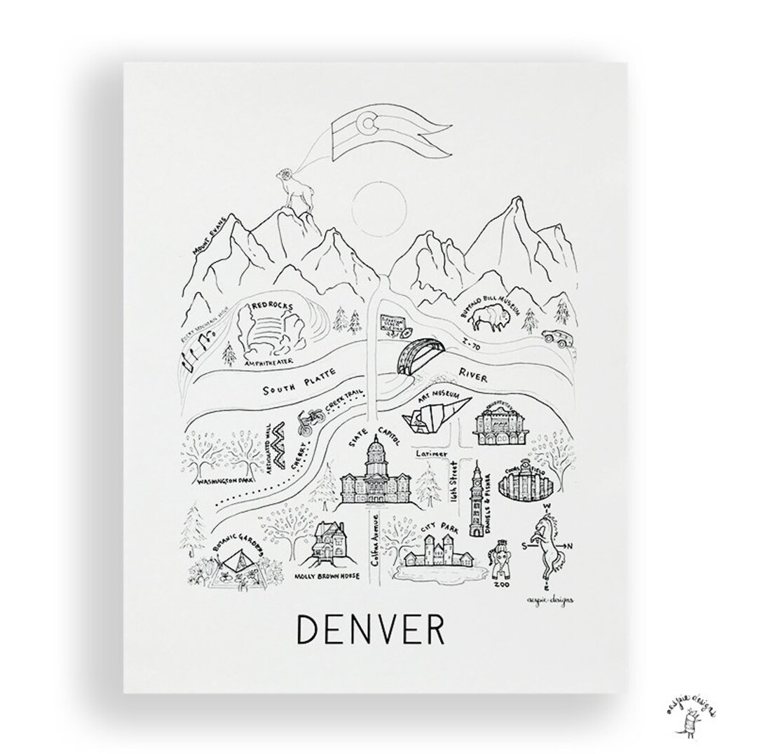Denver City Map Art Print Black & White - Etsy
