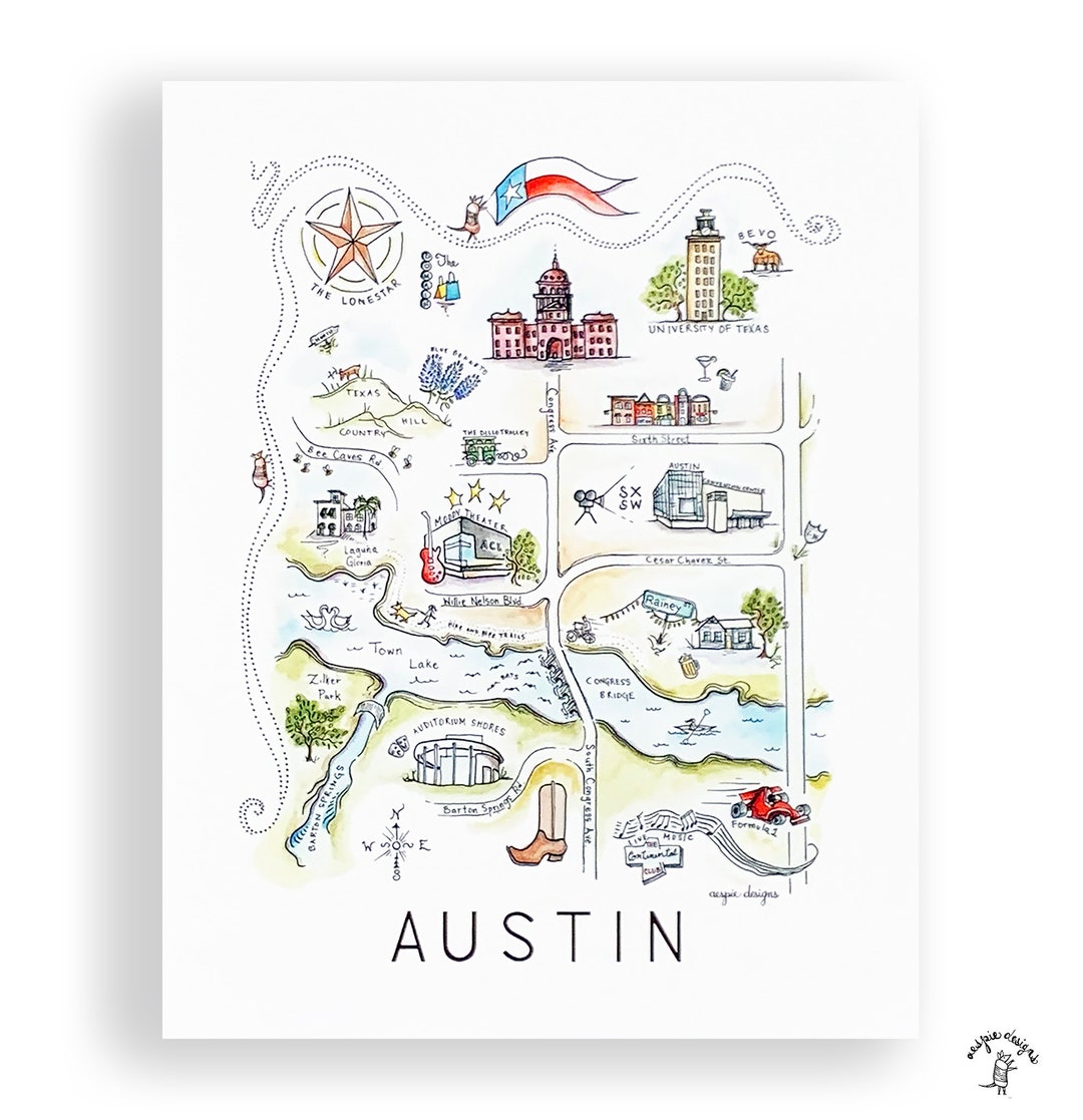 Austin City Map Art Print - Watercolor - Etsy