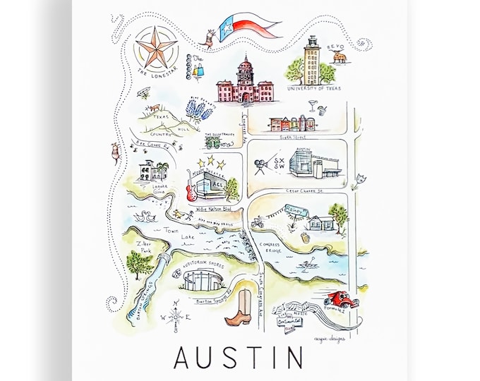 Austin City Map Art Print - Watercolor - Etsy