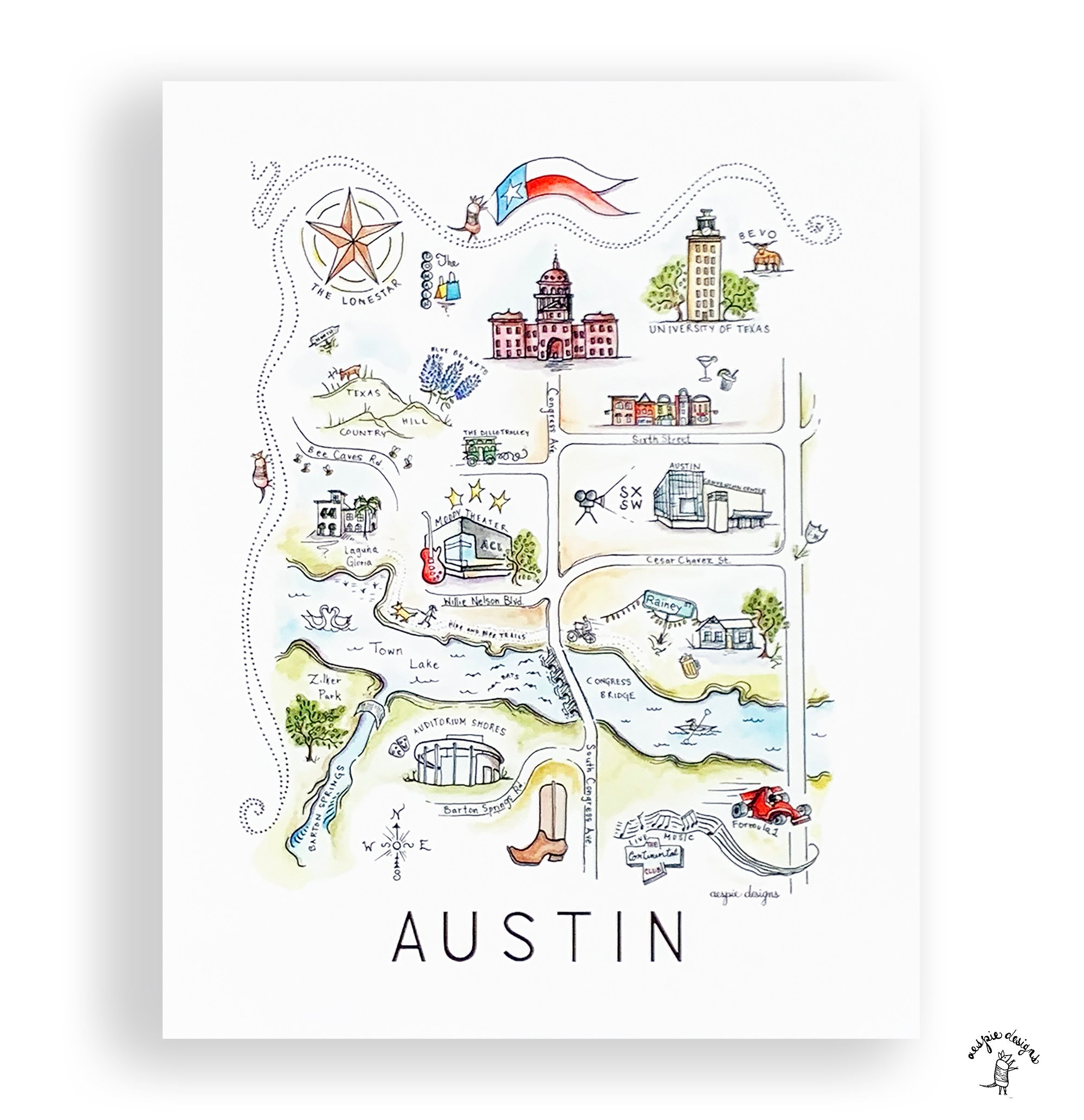 Austin City Map Art Print Watercolor - Etsy