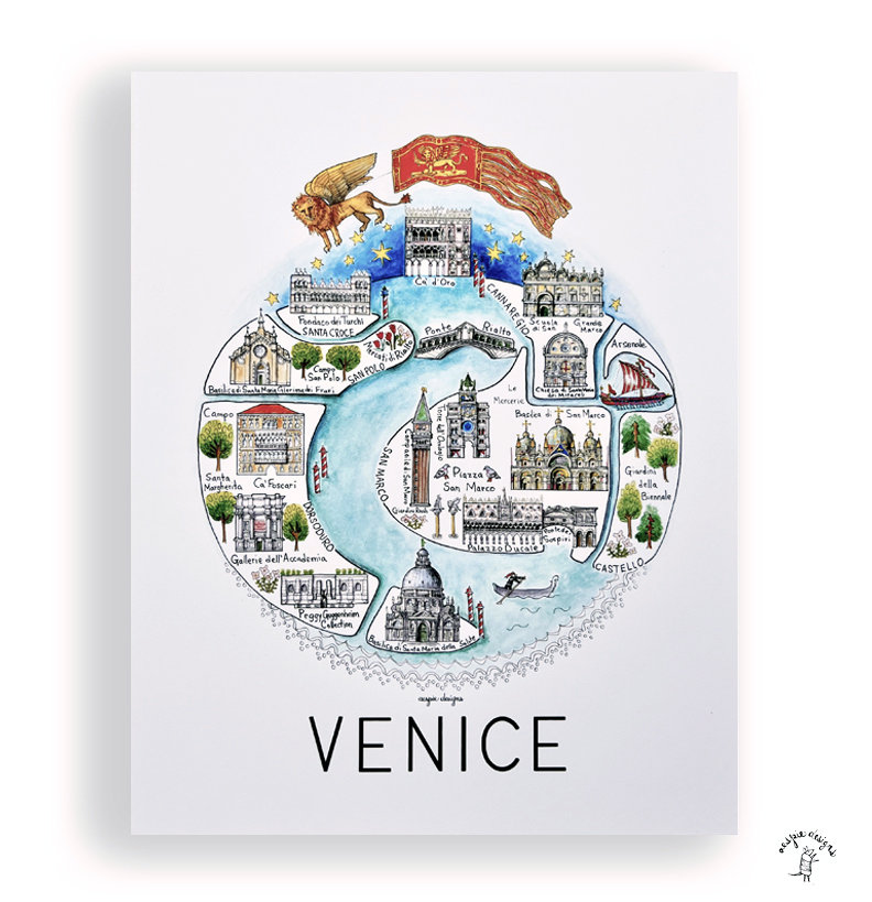 Venice City Map Art Print Watercolor - Etsy