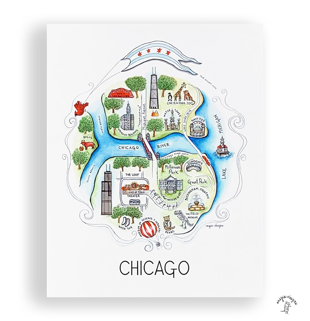 Chicago City Map Art Print - Watercolor - Etsy