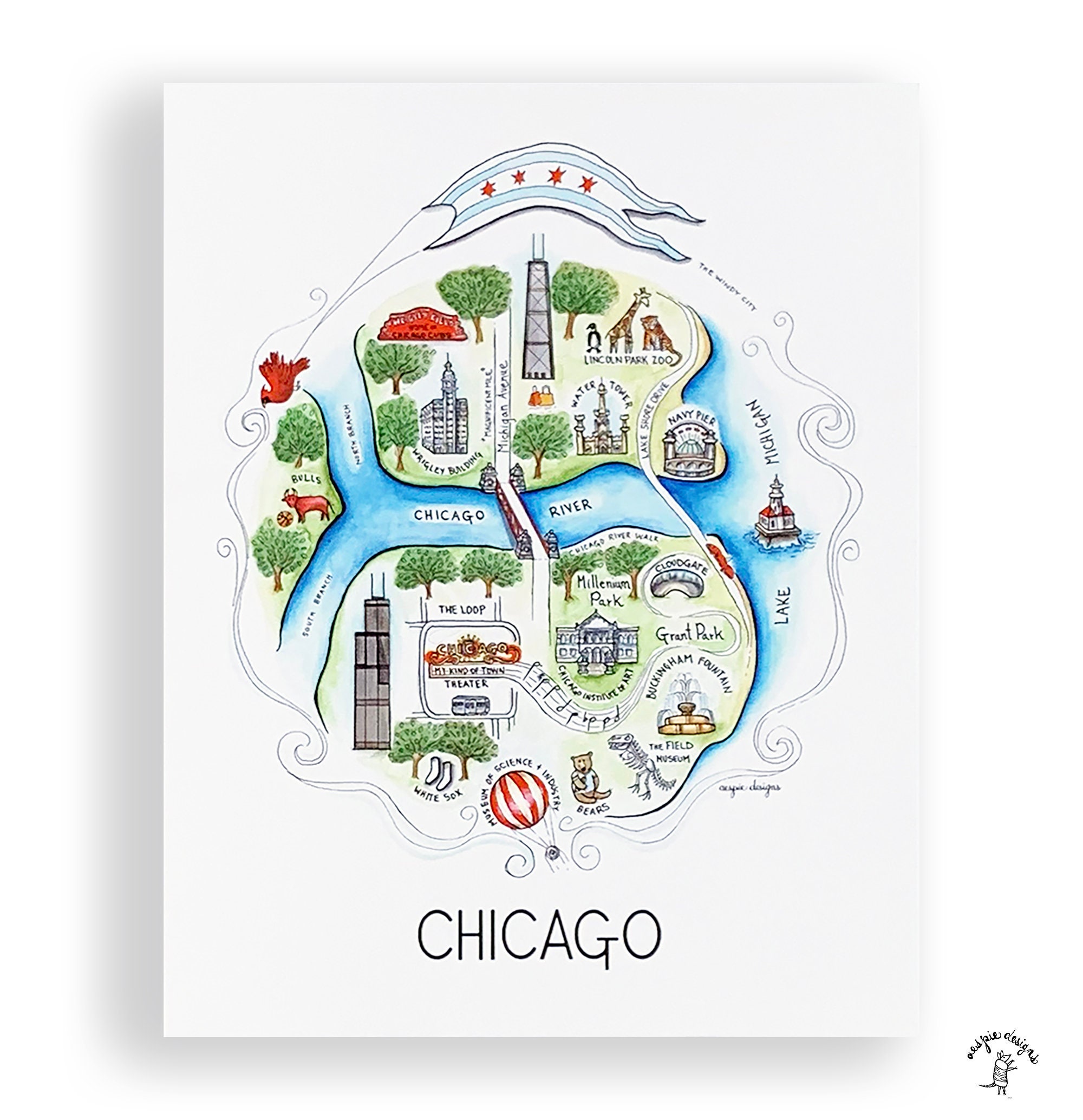 Chicago City Map Art Print - Watercolor - Etsy
