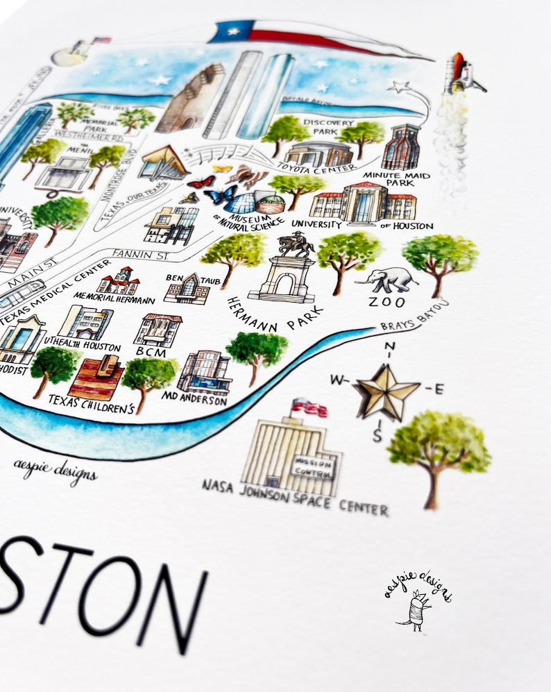 Houston City Map Art Print - Watercolor - Etsy