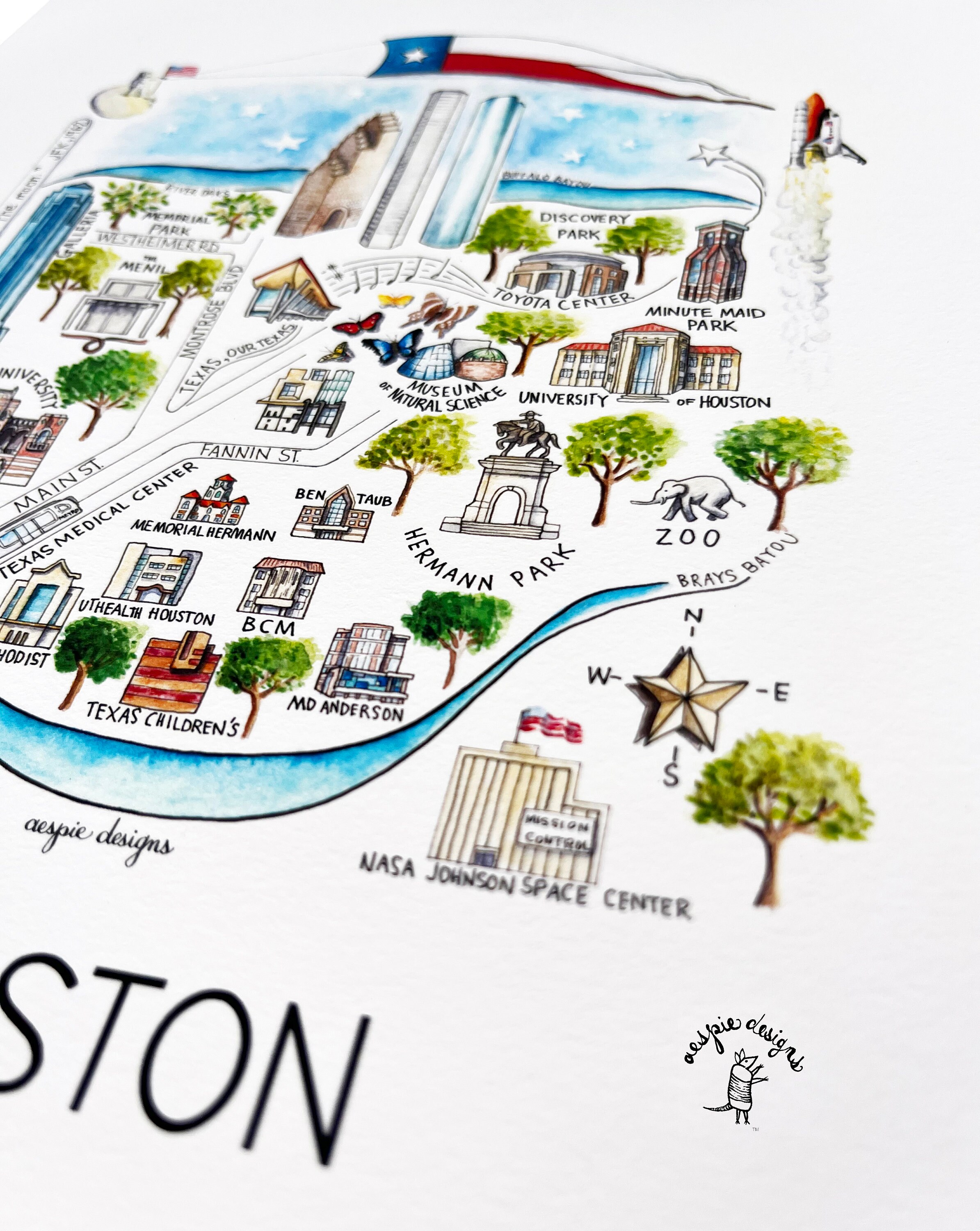 Houston City Map Art Print - Watercolor - Etsy