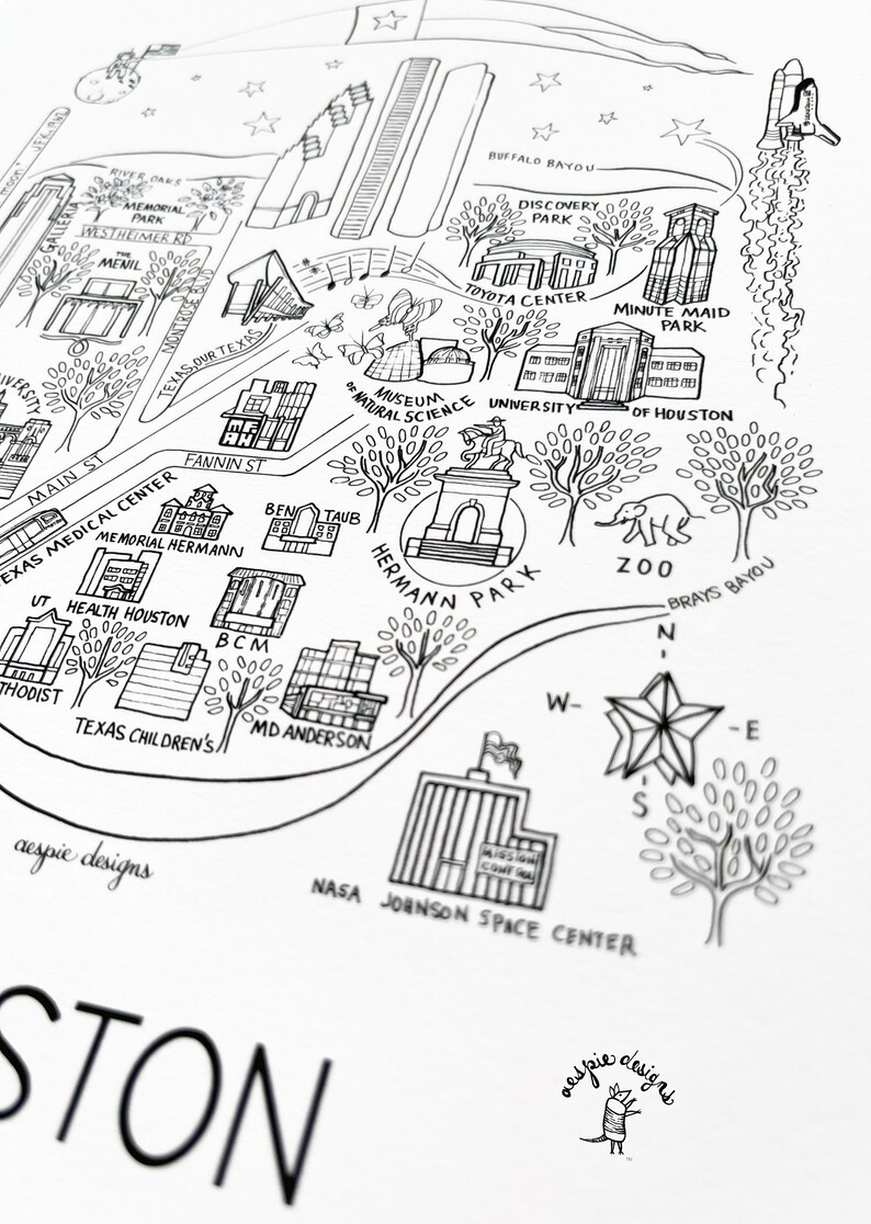 Houston City Map Art Print Black & White - Etsy