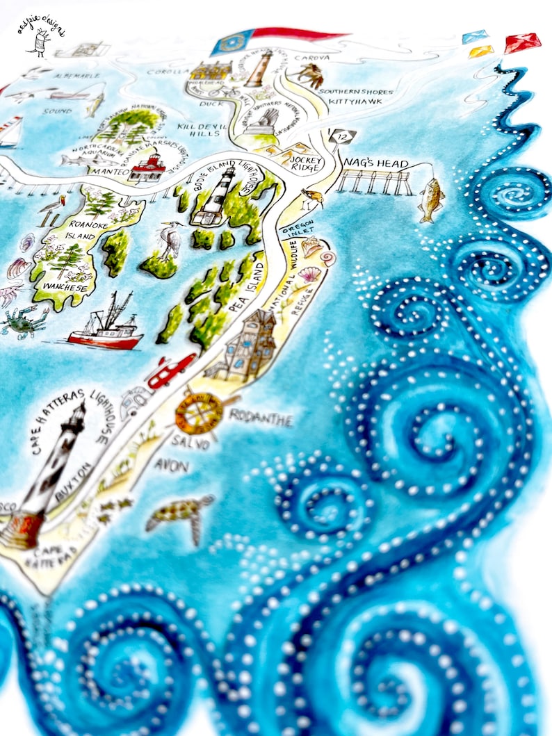 Outer Banks OBX Map Art Print Watercolor - Etsy