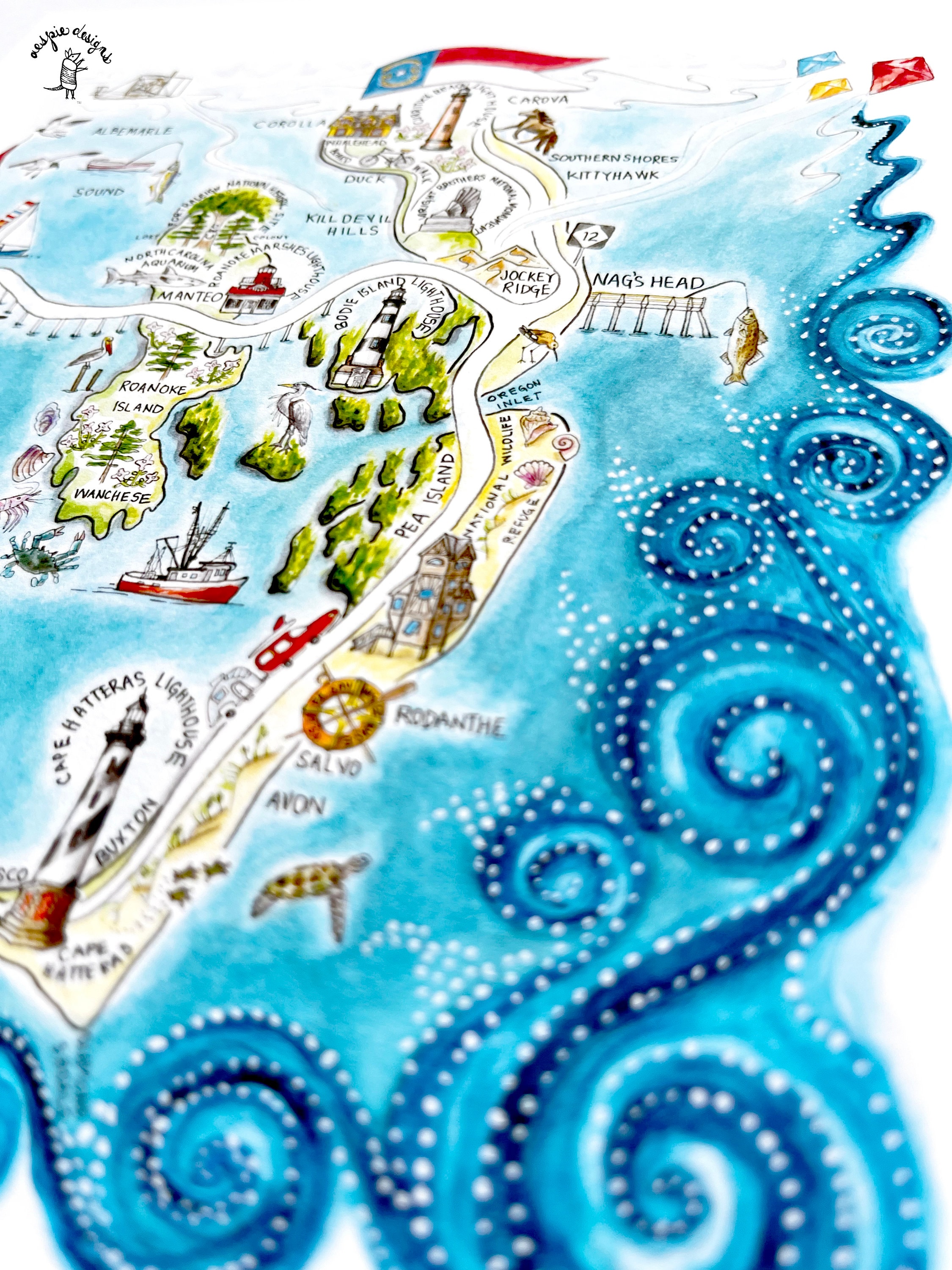 Outer Banks OBX Map Art Print - Watercolor - Etsy