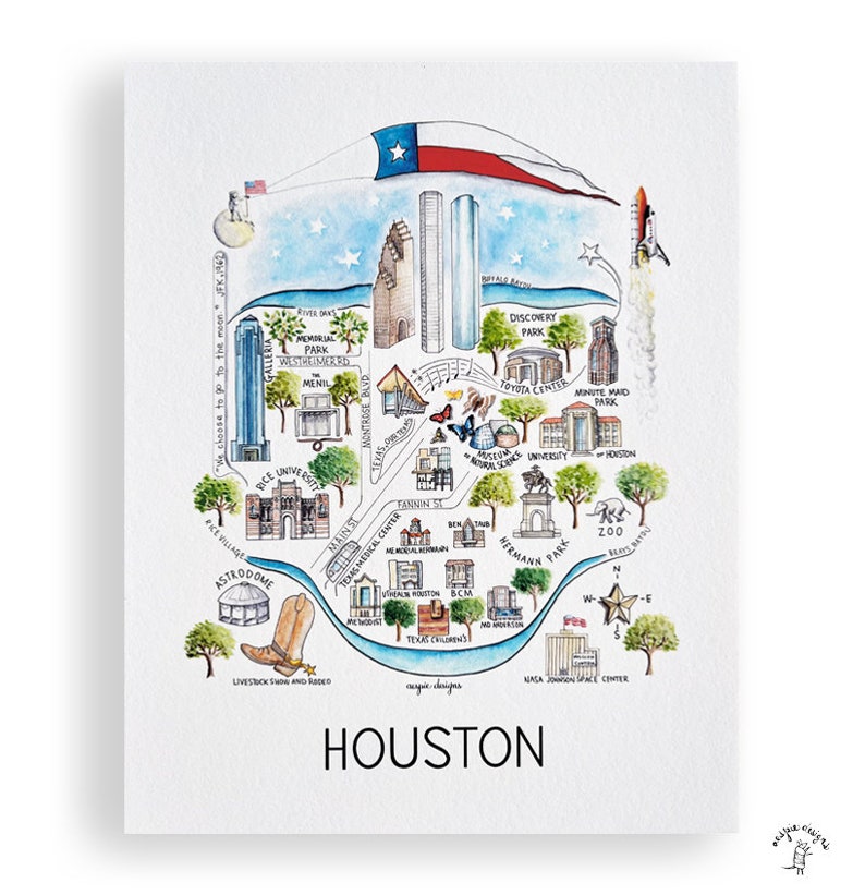 Houston City Map Art Print - Watercolor - Etsy