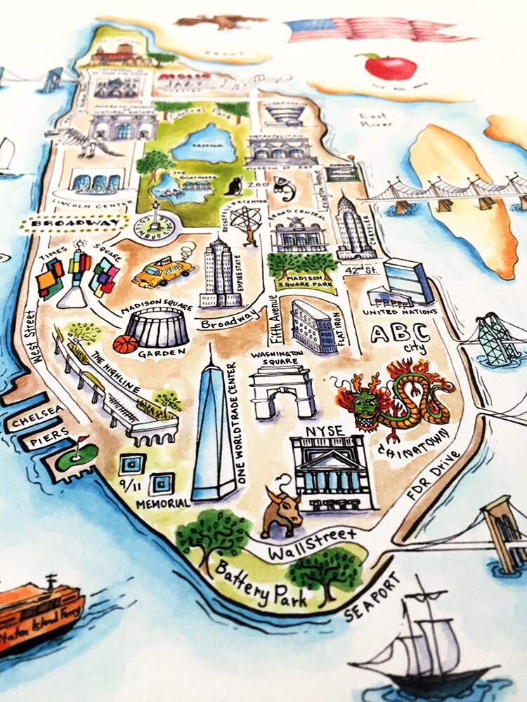 New York City Map Art Print Watercolor - Etsy