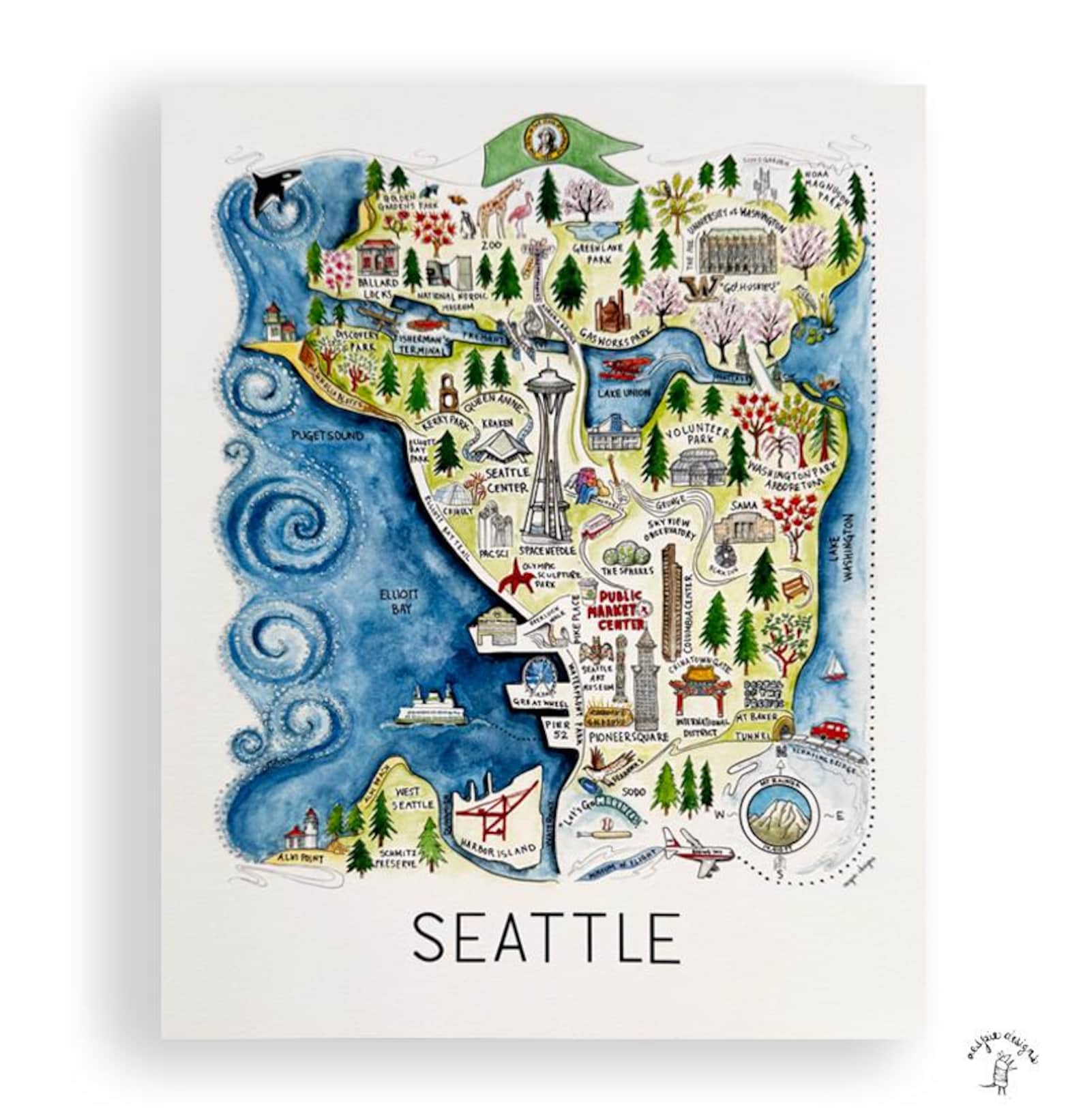 Seattle City Map Art Print - Watercolor - Etsy